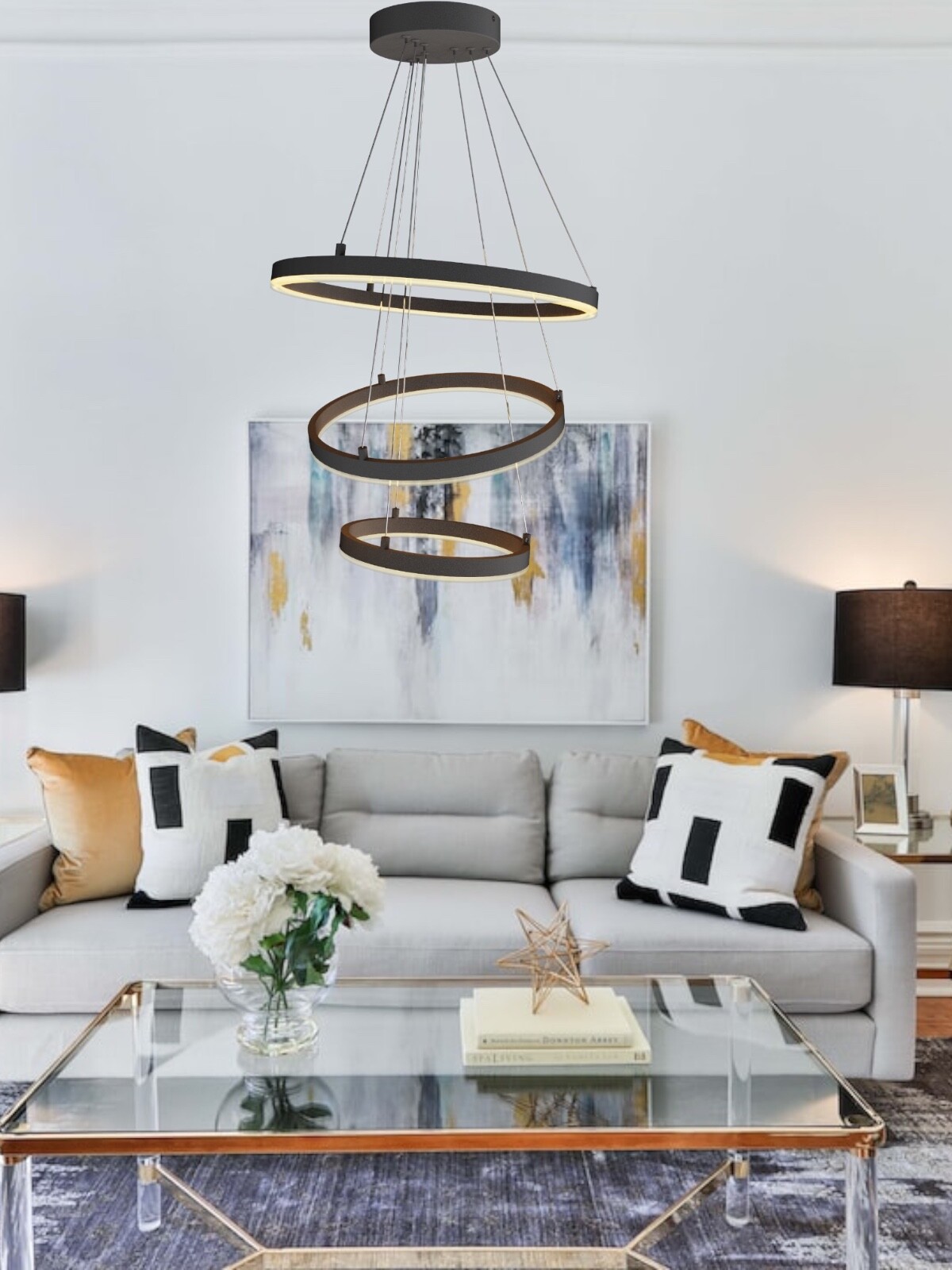 Modern LED 3 Ring Chandelier Dimmable Black Ceiling Pendant Light ...