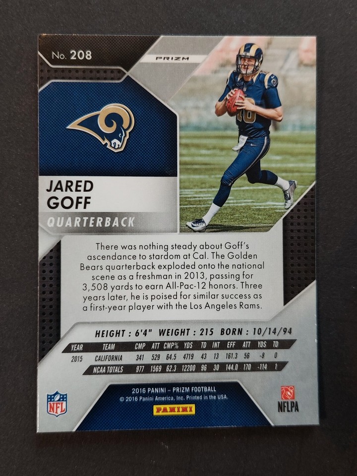 2016 Jared Goff Silver Prizm Rookie Card #208 Detroit Lions RC READ ...