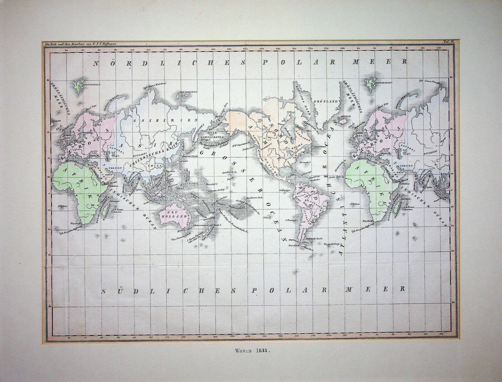 1833 World Projection antique German map by K.F.V. Hoffman - 15" x 11 ...