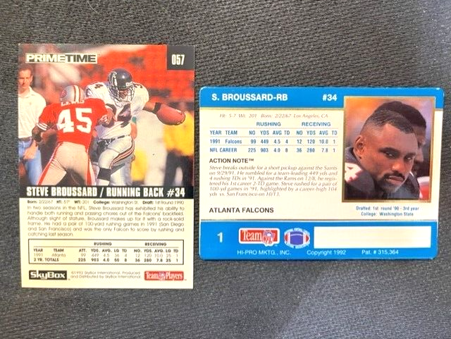 NFL - Steve Broussard 1992 Skybox Primetime & 1992 Hi-Pro Action Packed ...