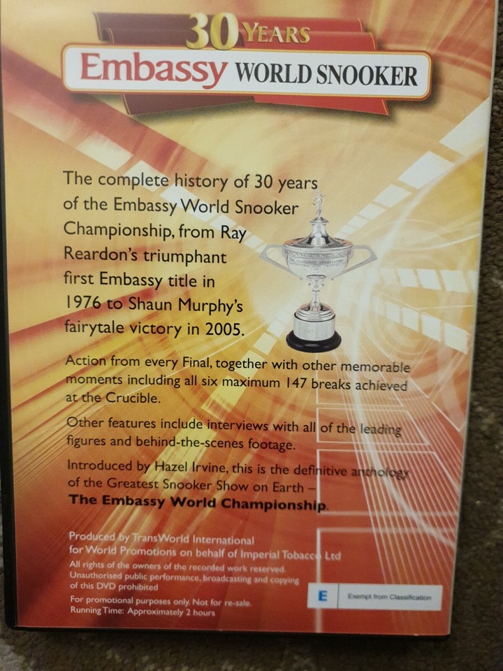 30 YEARS EMBASSY WORLD SNOOKER CHAMPIONSHIP 1976 - 2005 DVD NOT AVAIL ...