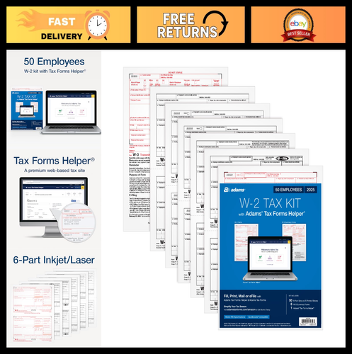 2025 W-2 Forms 6-Part Kit for 50 Recipients, Includes W-3 Forms ...