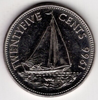 1966 BAHAMAS TWENTY FIVE 25 CENTS BOAT SAILING SHIP QUEEN ELIZABETH II ...
