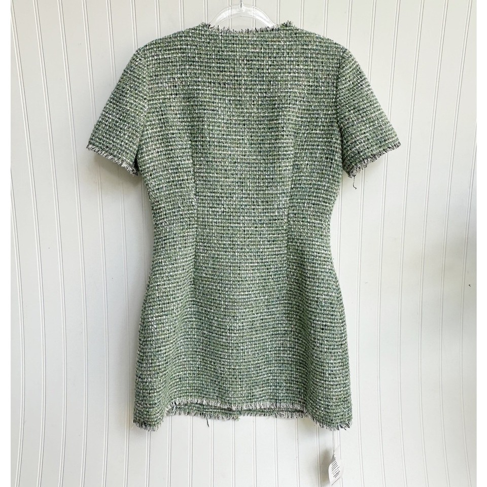 Self-Portrait Green Bouclé Tweed Mini Dress Short Sleeve Button Front ...