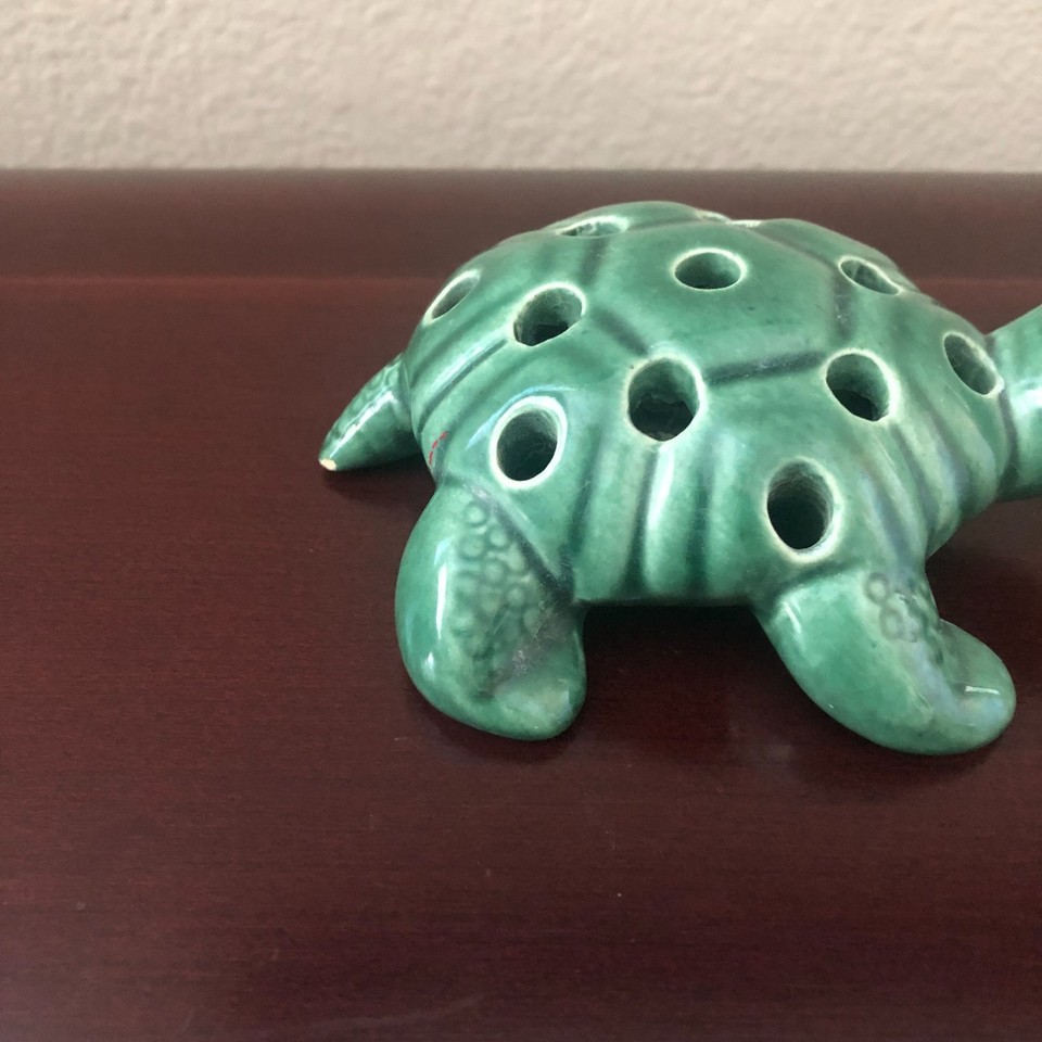 Vintage Majolica Green Pottery Turtle Flower Frog | eBay