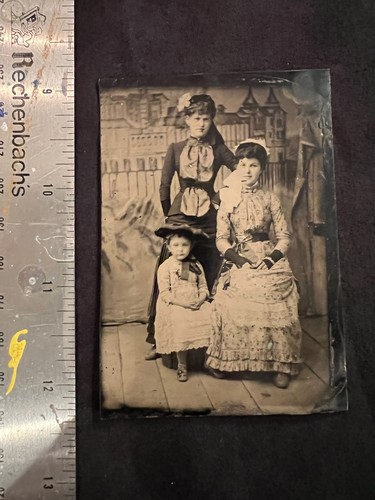 Tintype Of Two Well Dressed Women And A Young Girl, Elaborate Backdrop ...