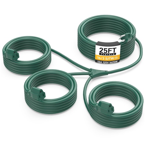 25FT Outdoor Green Extension with Multiple Outlets, Evenly Spaced 3 ...
