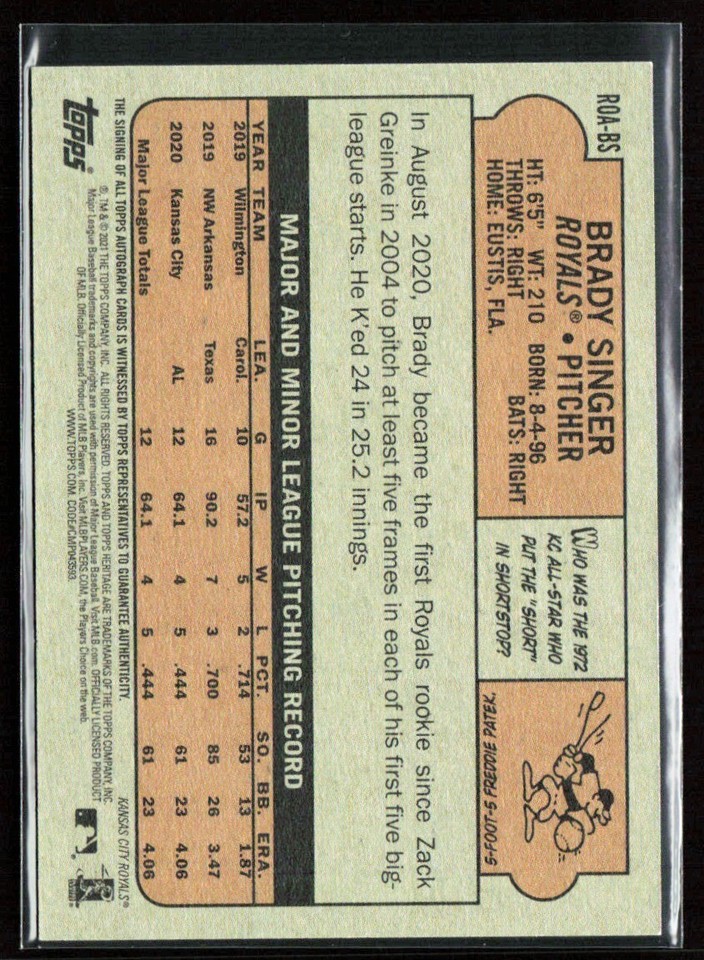 Brady Singer 2021 Topps Heritage Real One Autographs RC Auto #ROA-BS ...