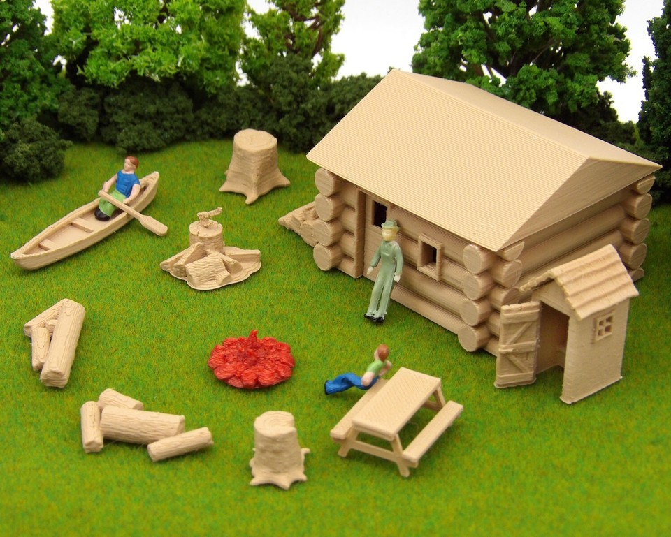 11 pc HO Scale Log Cabin Camping Set with Canoe, Picnic Table, Outhouse ...