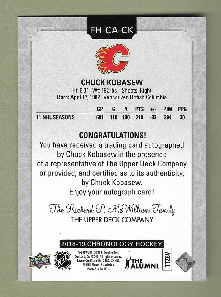 CHUCK KOBASEW 2018-19 UPPER DECK CHRONOLOGY SILVER AUTOGRAPH AUTO #FH ...