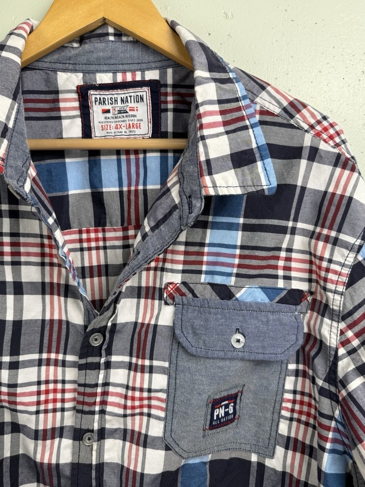 Parish Nation Blue/Red Plaid Long Sleeve Button Up Shirt Men Size: 4XL ...