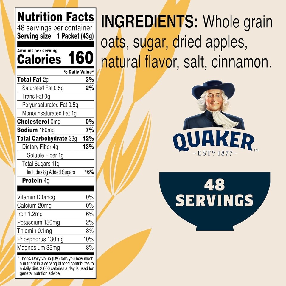 Quaker Instant Oatmeal Apples & Cinnamon Individual Packets 48 ct ...