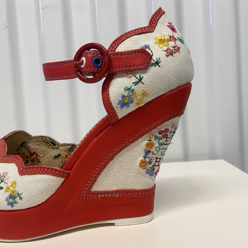 Miss L Fire Home Maker Home Sweet Home Needlepoint Peep Toe Wedge Heels ...