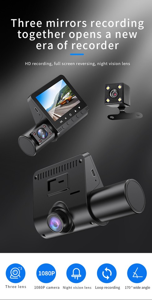 3 Channel Car DVR Dash Cam HD Three Lens Recorder Registrator Dashcam ...