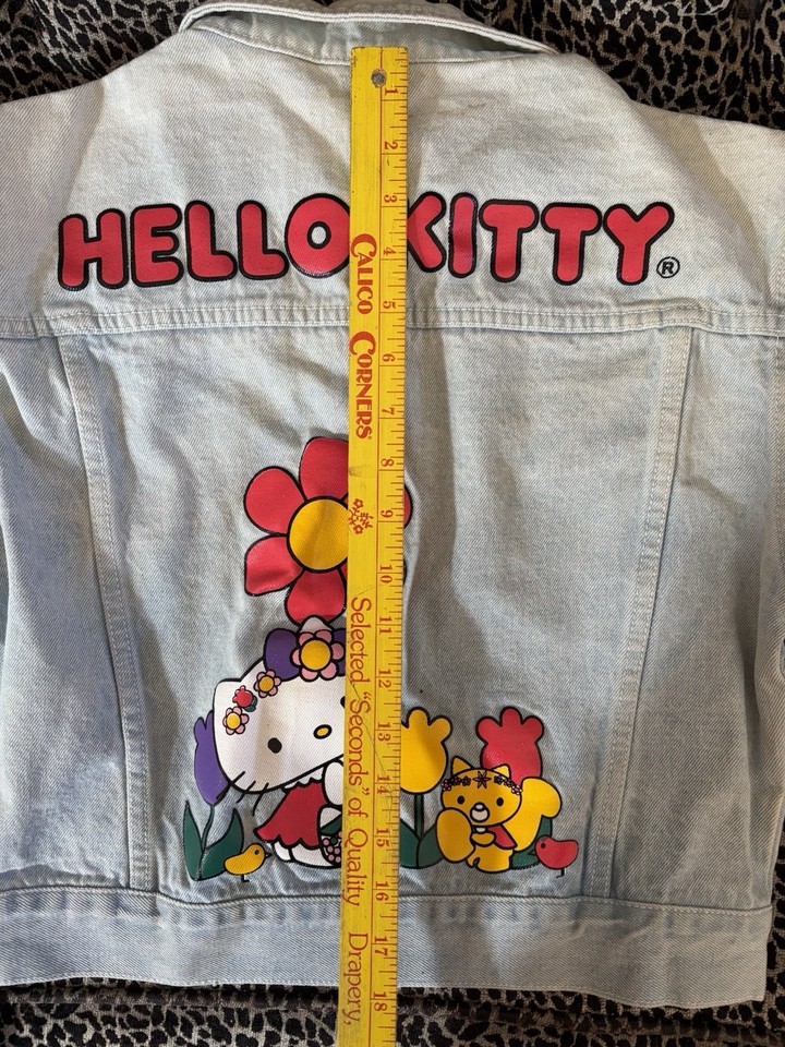 Women’s HELLO KITTY Blue DENIM Jean JACKET Cat Flower Rare Sanrio L XL ...
