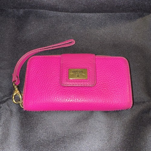 FOSSIL Zip Around CLUTCH WRISTLET LEATHER WALLET Hot Pink | eBay