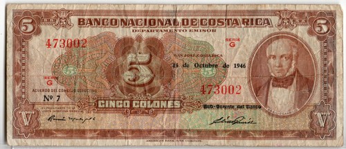 Banco Nacional De Costa Rica Cinco 5 Colones P-209C Fine Scarce Note ...