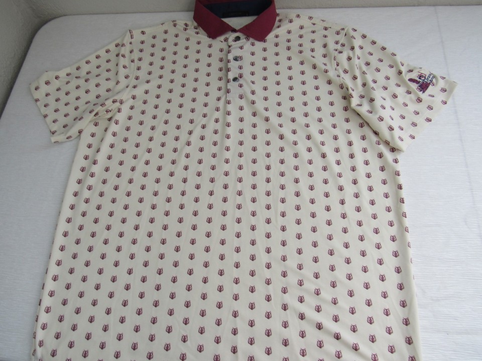 Greyson Men's Large Cream Maroon Trim Wolf Print Golf Polo Prairie ...