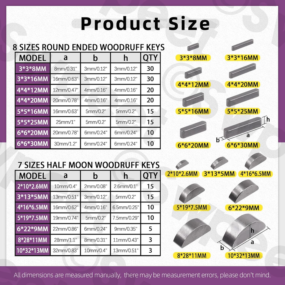 211Pcs Metric Woodruff Key Assortment Kit with 15 Sizes Woodruff ...