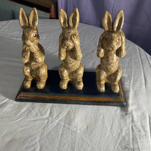 Three Wise Hares Rabbit Statue Bunny Heavy Ceramic Hear Speak See No ...