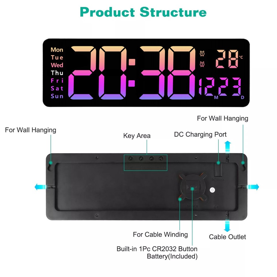 16" Large Digital Wall Clock with Remote, Large Display LED Wall Clock ...