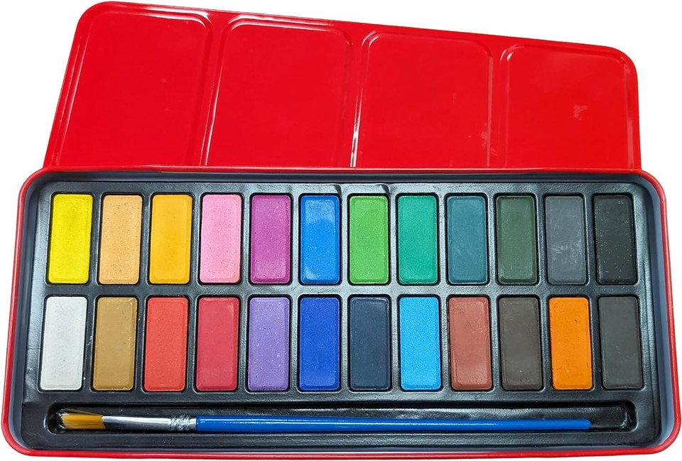 Artist Watercolour Paint Set of 24 Colour Blocks Pans & Paintbrush In ...
