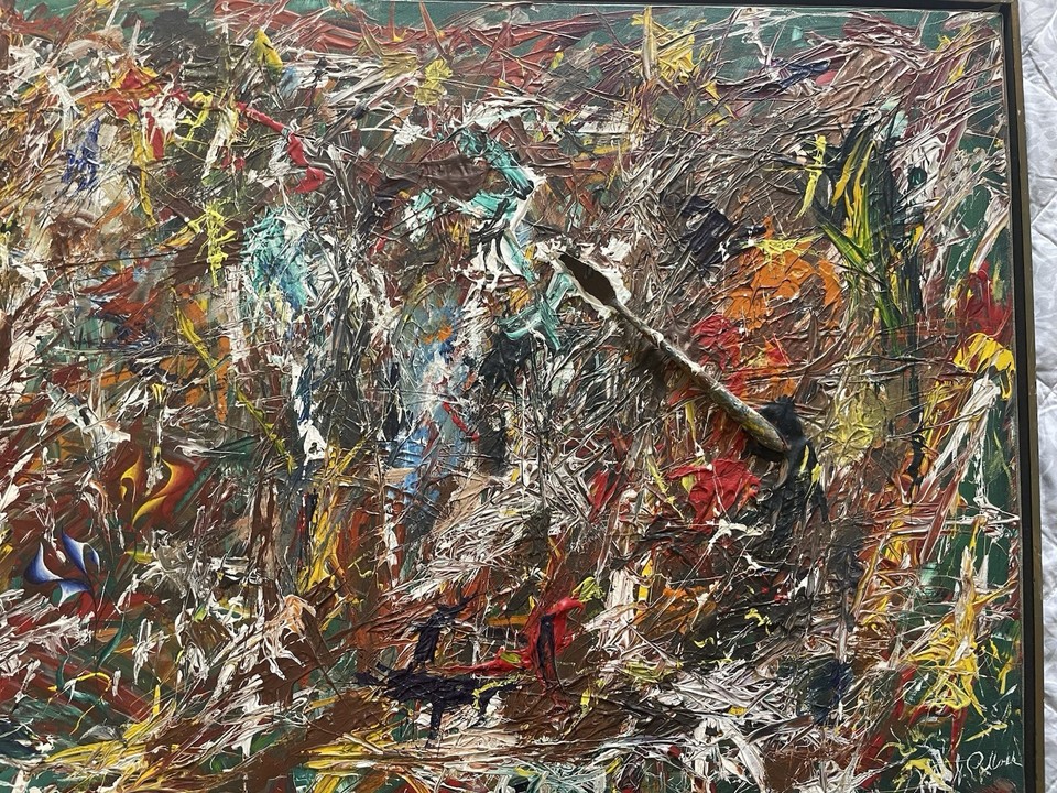 Vintage Large Abstract Oil Painting on Canvas – Signed – Heavy Impasto ...
