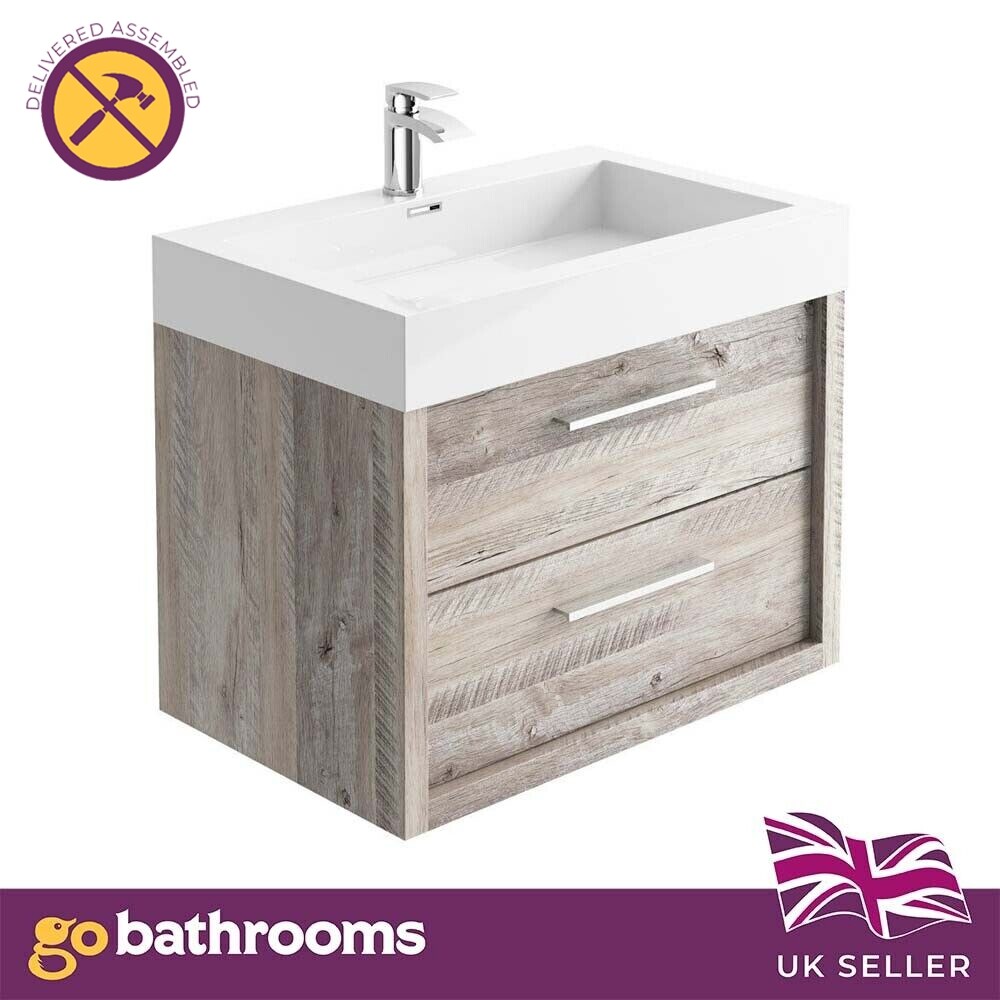 Oak Effect Vanity Unit With Resin Basin | 75cm Wall Hung Bathroom Sink ...