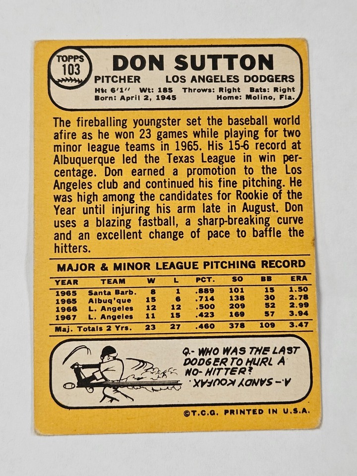 1968 Topps #103 Don Sutton LA Dodgers HOF VG/EX Actual card is scanned ...