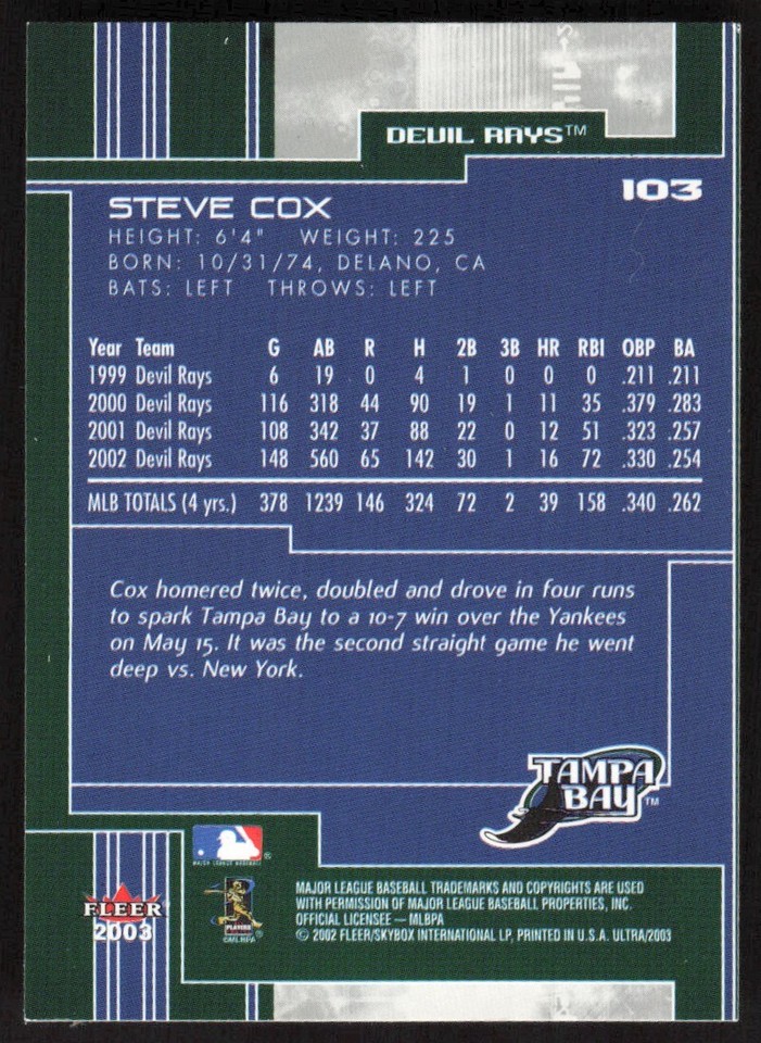 2003 Ultra #103 Steve Cox Tampa Bay Devil Rays | eBay