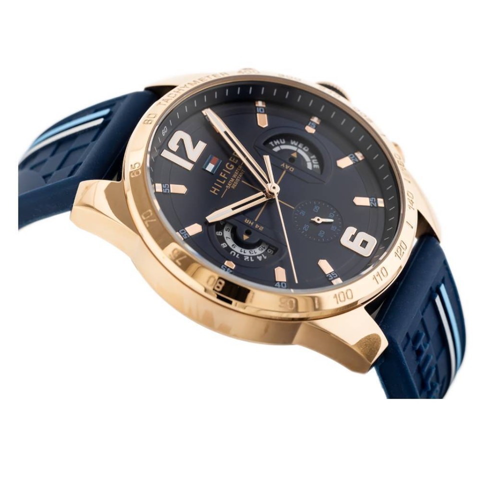 Tommy Hilfiger 1791474 Men's Rose Gold Blue Band Blue Dial Watch 46mm ...
