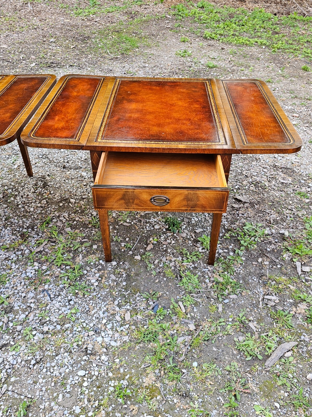 Antique Pembroke Double drop leaf leather top end table Pair by Weiman ...