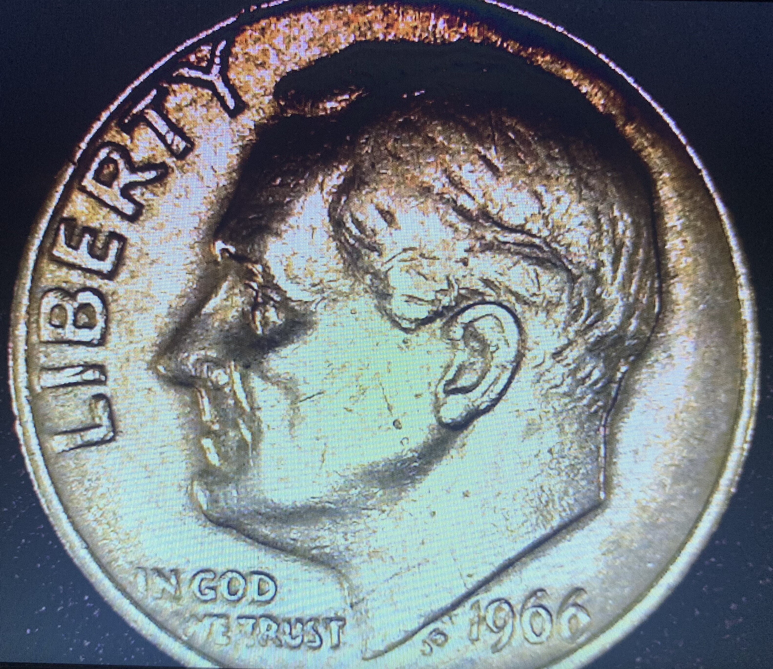 1966 Roosevelt dime no mint mark, Distorted Lettering/errors Thru Out ...