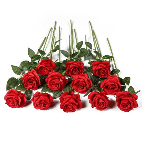 12 Pcs Red Roses Artificial Flowers with Stems Silk Roses Fake Rose ...