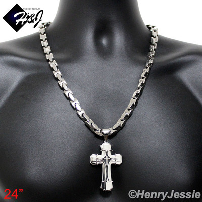 18-40"Stainless Steel 8mm Silver Interlock Chain Black Plated Cross ...
