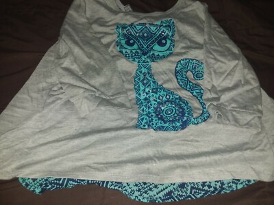 Pre-Owned Girls Large Grey & Teal Beautees with a Cat (LS) | eBay