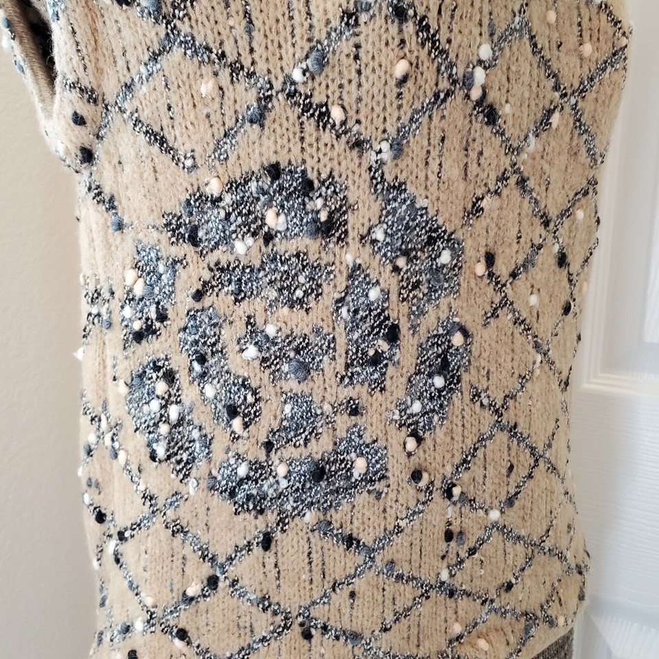 AUTH "COCO" CHANEL TAN/MULTI KNIT BOULCE WOOL BLEND COWLNECK CAMELIA ...