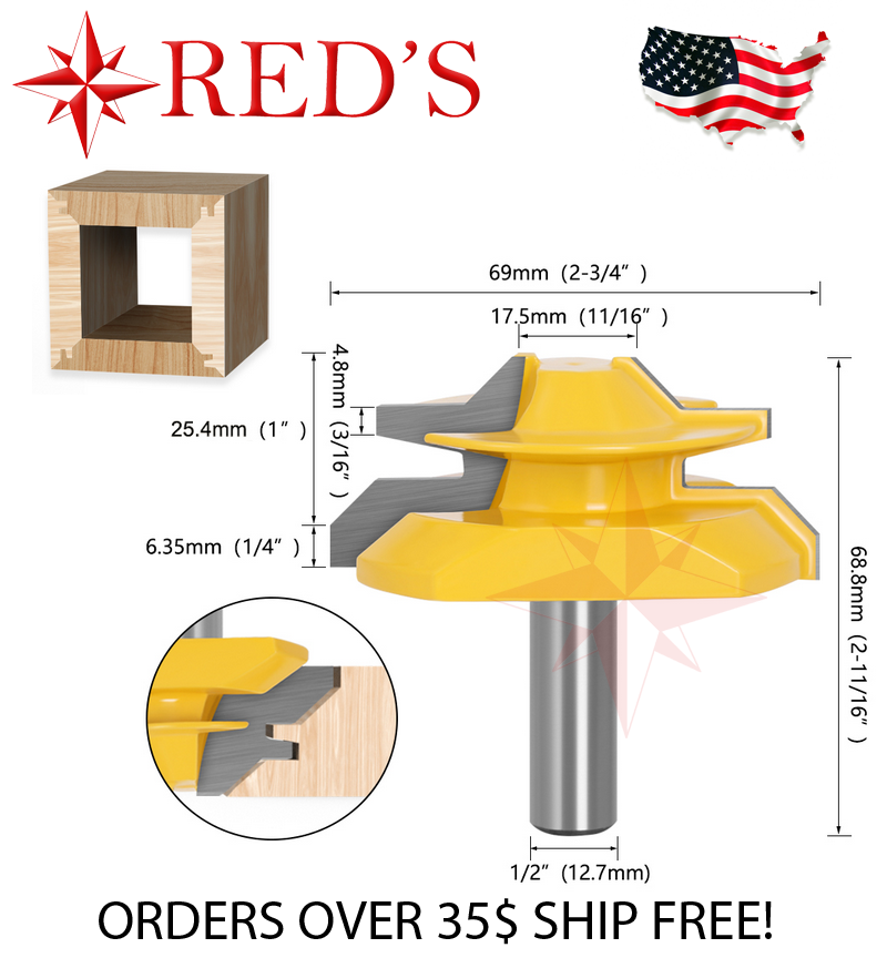 REDS Y76875-8 - 3 Piece Set 45 Degree Lock Miter Joint Router Bit Set 1 ...