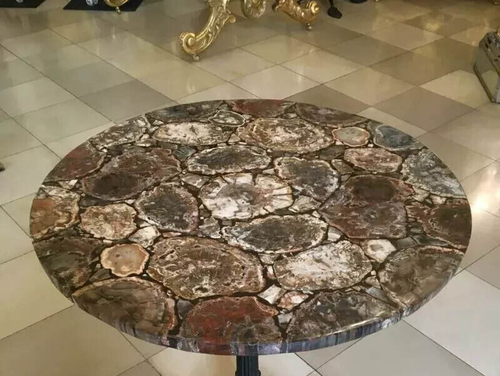 18" Round Brown Petrified Stone Bedside Table Top Conference Counter ...