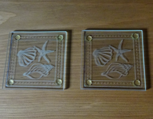 Seashell Etched Glass Coasters with Rubber Feet, 3-1/2"x3-1/2"x1/8 ...