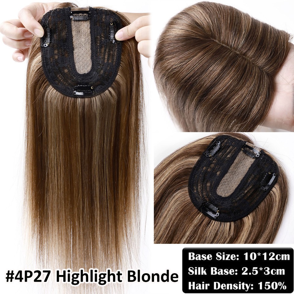 Natural Topper Hairpiece Clip In REMY 100% Human Hair Silk Base Toupee ...
