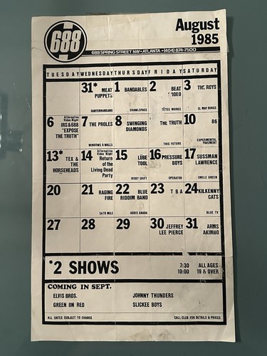 688 Punk Club Atlanta August 1985 Concert Calendar POSTER | eBay