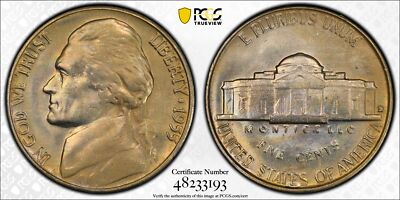 1955 D JEFFERSON NICKEL 5C PCGS MS 66 MINT UNC MINOR VARIETY ...