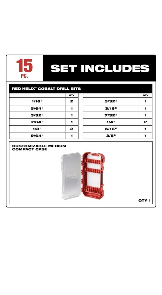 Milwaukee 48-89-2370 RED Helix Cobalt 15 Piece Drill Bit Set - New | eBay