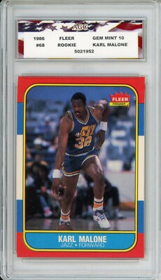 1986 FLEER #68 KARL MALONE AGC 10 GEM MINT ROOKIE CARD UTAH JAZZ ...