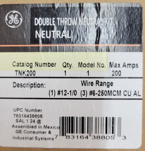 GE TNK200 200a Double Throw Neutral Kit Brand New in Original Box | eBay