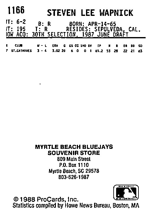 1988 Myrtle Beach Blue Jays ProCards #1166 Steve Wapnick Sepulveda ...