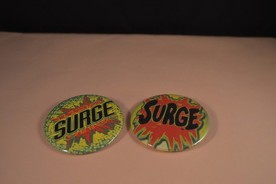 Lot of 2 "SURGE" SODA BUTTONS pins pinbacks 2 1/4" badges Large COCA ...