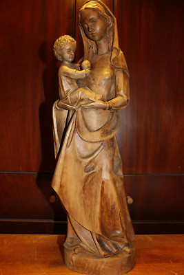 ANTIQUE 19" HAND CARVED WOOD OUR LADY VIRGIN MARY JESUS STATUE ...