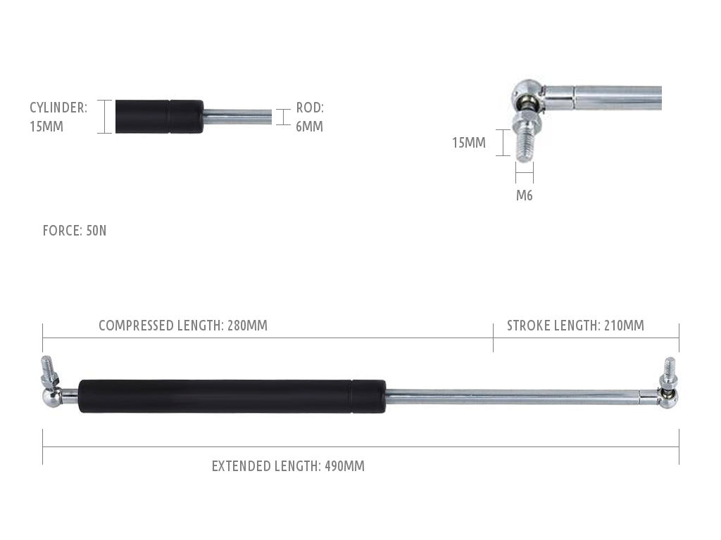 1 X Pair Universal Gas Struts 50N 490mm Extended Length 6mm/15mm Rod ...